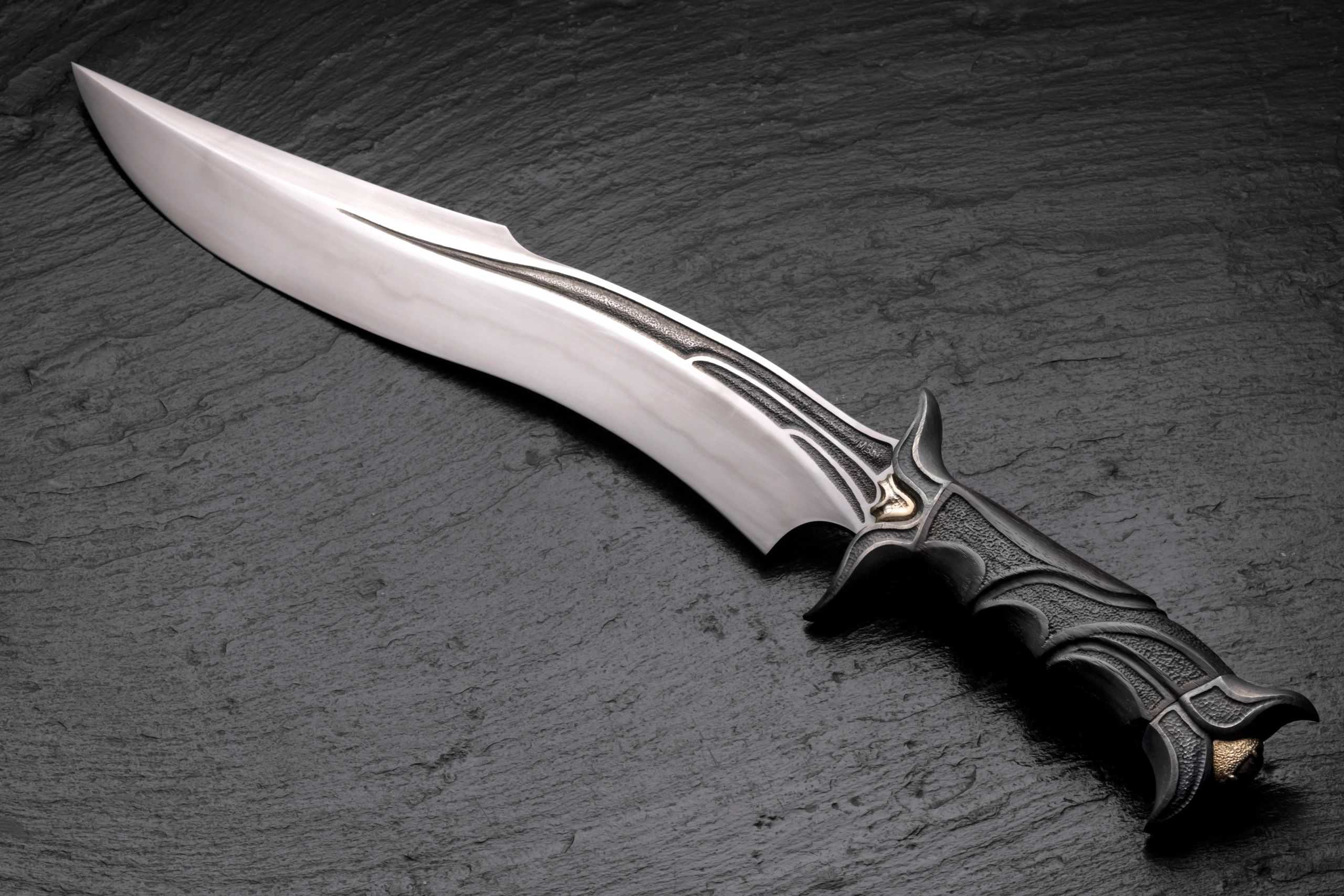 Mark Banfield Forged Fighter, Hamon, Carved Textured Fullers, Bog Oak – Windy City Knives