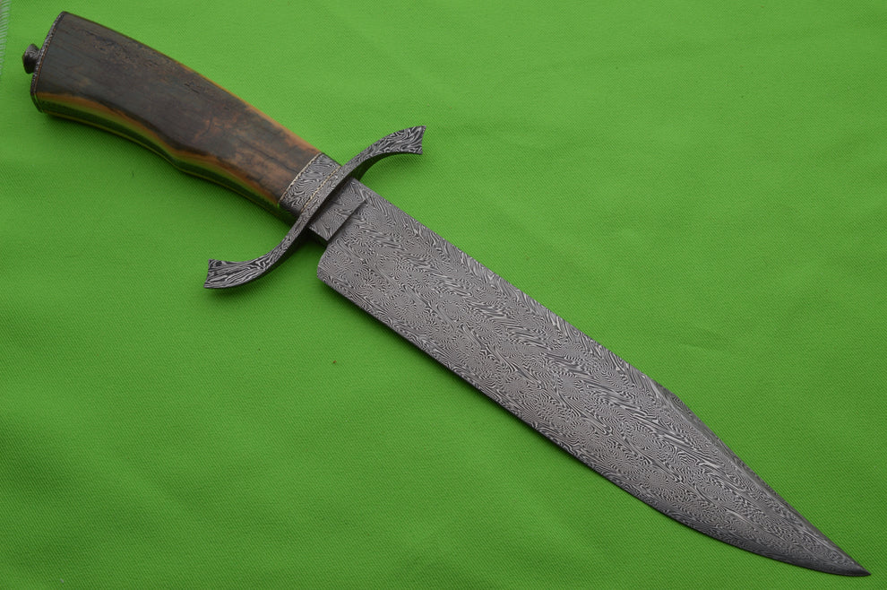Kyle Royer Damascus Bowie Knife, Fossil Mammoth Scales – Windy City Knives
