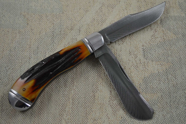 Bill Ruple Stag Saddlehorn Two Blade Trapper, Devin Thomas Damascus (S ...